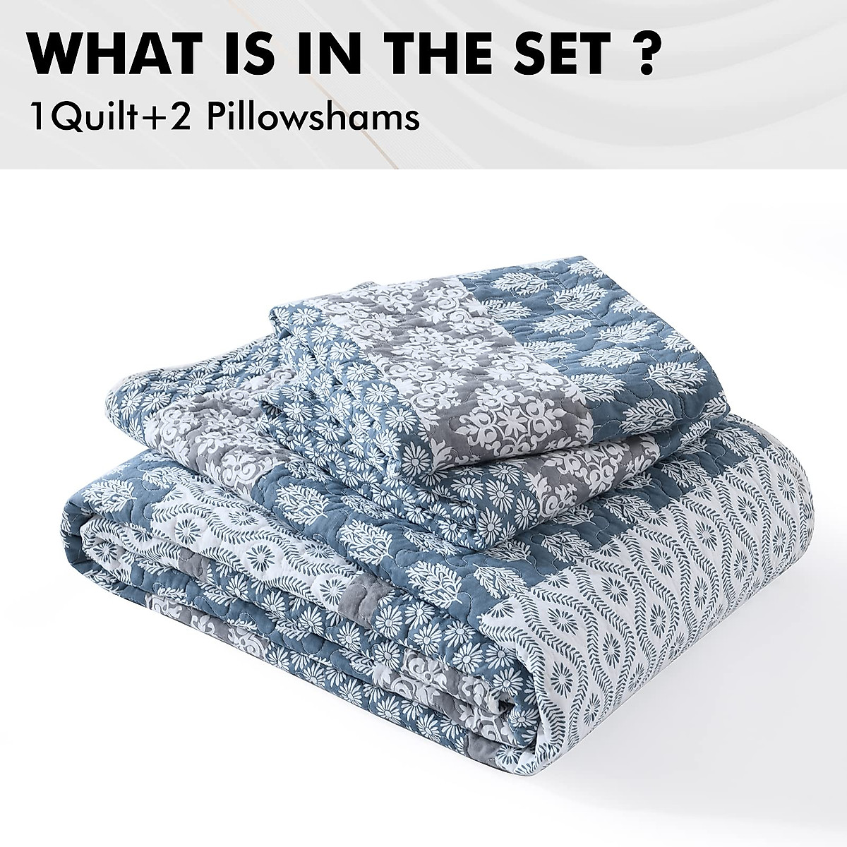 PERHOM Blue Quilt Queen Size - Queen Quilt Set, 100% Long-Staple Cotton Floral Quilt Bedding Set Bedspreads, Patchwork Reversible Lightweight Comforter Bed Spread for All Season, Blue/Gray, 3 Pieces