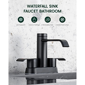 Matte Black Waterfall Bathroom Sink Faucet - HEISOK 4 Inch Bathroom Faucet with Overflow Pop Up Drain & Supply Hose, Stainless Steel 2 Handles Centerset Lavatory Vanity Bath Faucet for 2 or 3 Hole