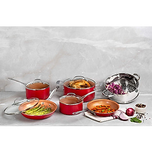 Gotham Steel 10-Piece Kitchen Set with Non-Stick Ti-Cerama Coating by Chef Daniel Green - Includes Skillets, Fry Pans, Stock Pots and Steamer Insert – Red