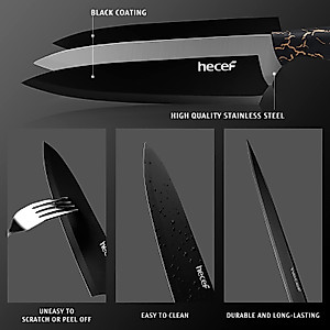 hecef 5 PCS Non-stick Coated Kitchen Knife Set with PP Handle and Protective Sheath, Exclusive Black Chef knife set, Scratch Resistance & Rust Proof (Lightning pattern)