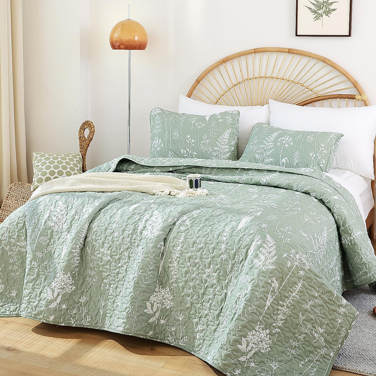 JANZAA Quilts Queen Size Sage Green Quilt Botanical with Floral Pattern Microfiber Bedspreads Queen Size 3 Pieces Lightweight Comforter Reversible Bedding Set with 2 Pillow Cases