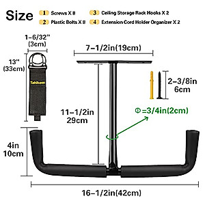 Tahikem 2 Set Overhead Garage Storage Rack, Heavy Duty Overhead Storage Double Hook, Ceiling Hanger Safe Racks, Hanging for Lumber Ladder Storage & Other Bulky Items (Pack of 2 - Black)