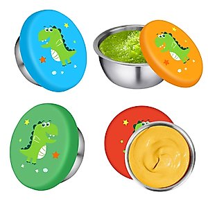 MAIGOZON Kids Salad Dressing Containers To Go, 1.7 oz Small Condiment Containers with Dinosaurs Leakproof Silicone Lids, Reusable Stainless Steel Sauce Dip Cup for Kids Boys Lunch Bento Box, 4PCS