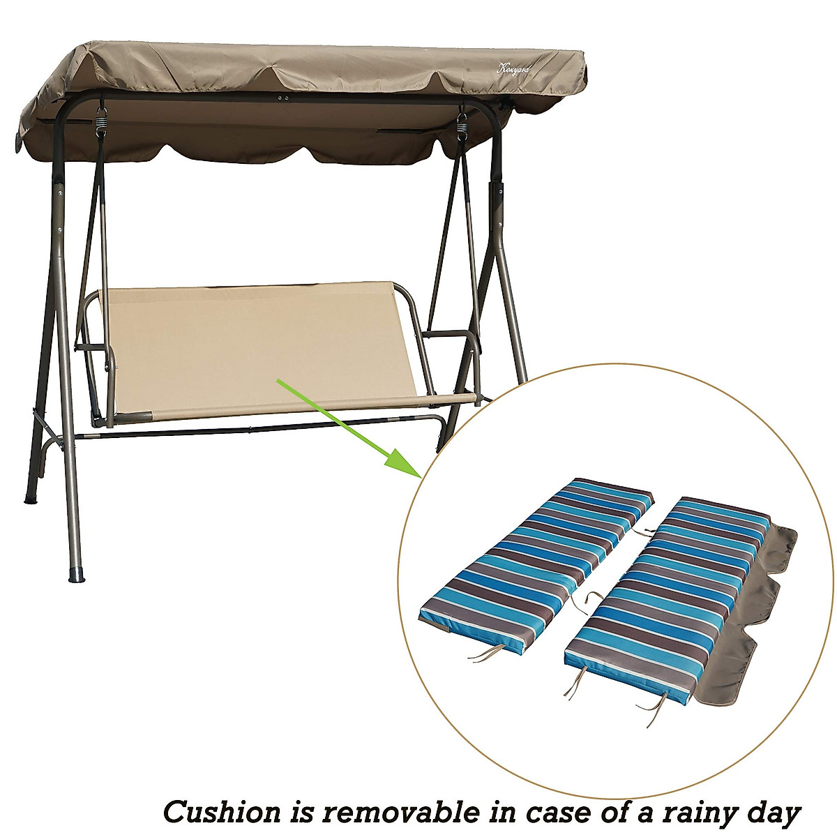 Kozyard Alicia Patio Swing Chair - Comfortable 3 Cushion Seats with Strong Steel Frame, Adjustable Canopy and Removable Cushion Ideal Glider Swing for Outdoors, Garden, Poolside, Balcony (Lime Stripe)