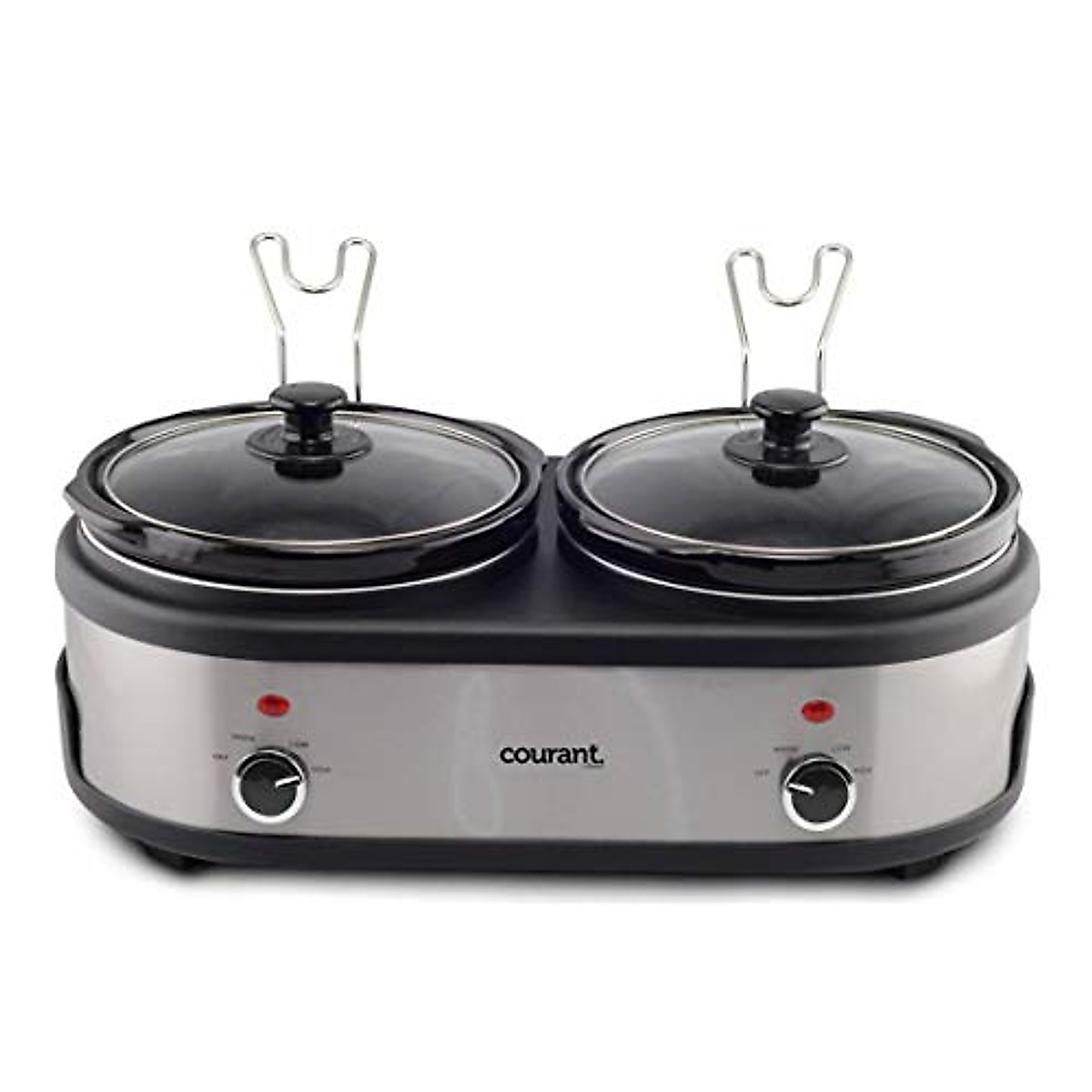 Courant Double Slow Cooker 2.5 Quart Crock each, 5.0 Quart Total Pots, with Individual Easy Cooking Options, Dishwasher Safe Stainproof Stoneware Pots and Glass Lids, Stainless Steel