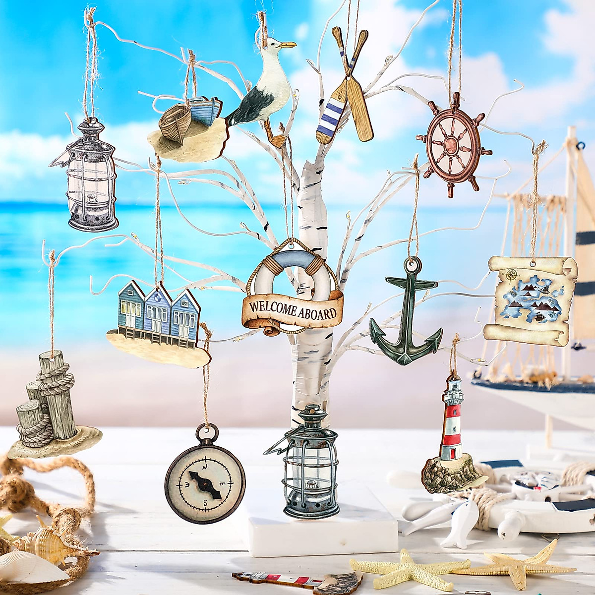 Maitys 36 Pcs Summer Wooden Ornaments Ocean Beach Tree Decorations Coastal Nautical Navigation Wooden Cutouts Summer Hanging Ornaments Summer Decorations for Home Small Tree Party Office(Navigation)