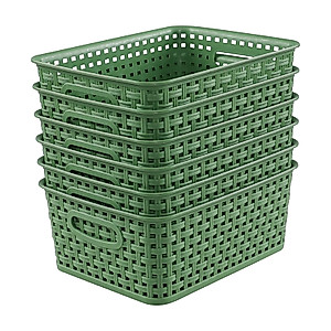 Sadstory Deep Green Plastic Woven Storage Basket, Plastic Shelf Basket, 6 Packs