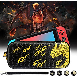 Frusde for Switch Carry Case Monster Hunter Rise, Portable Carrying Case for Switch with 4 MHR Silicone Thumb Grip Caps, Travel Case Cover with 10 Playing Card Slots for Switch Console & Accessories