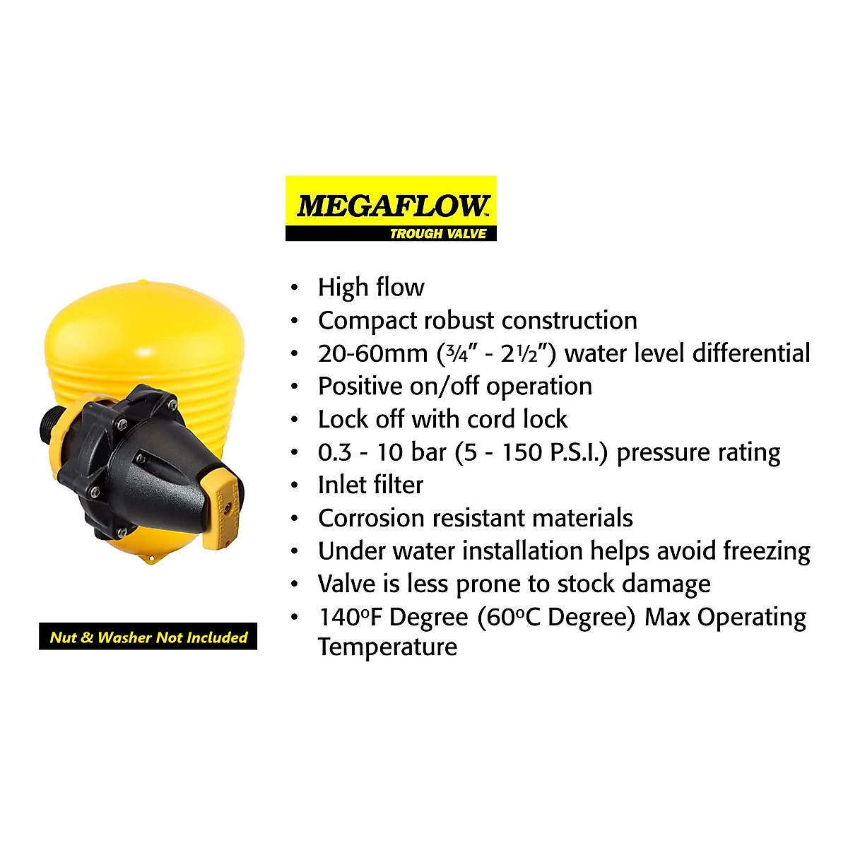 Jobe Valves Megaflow Valve with Short Tail, 1", Yellow/Black(Does NOT include Nut and Washer)
