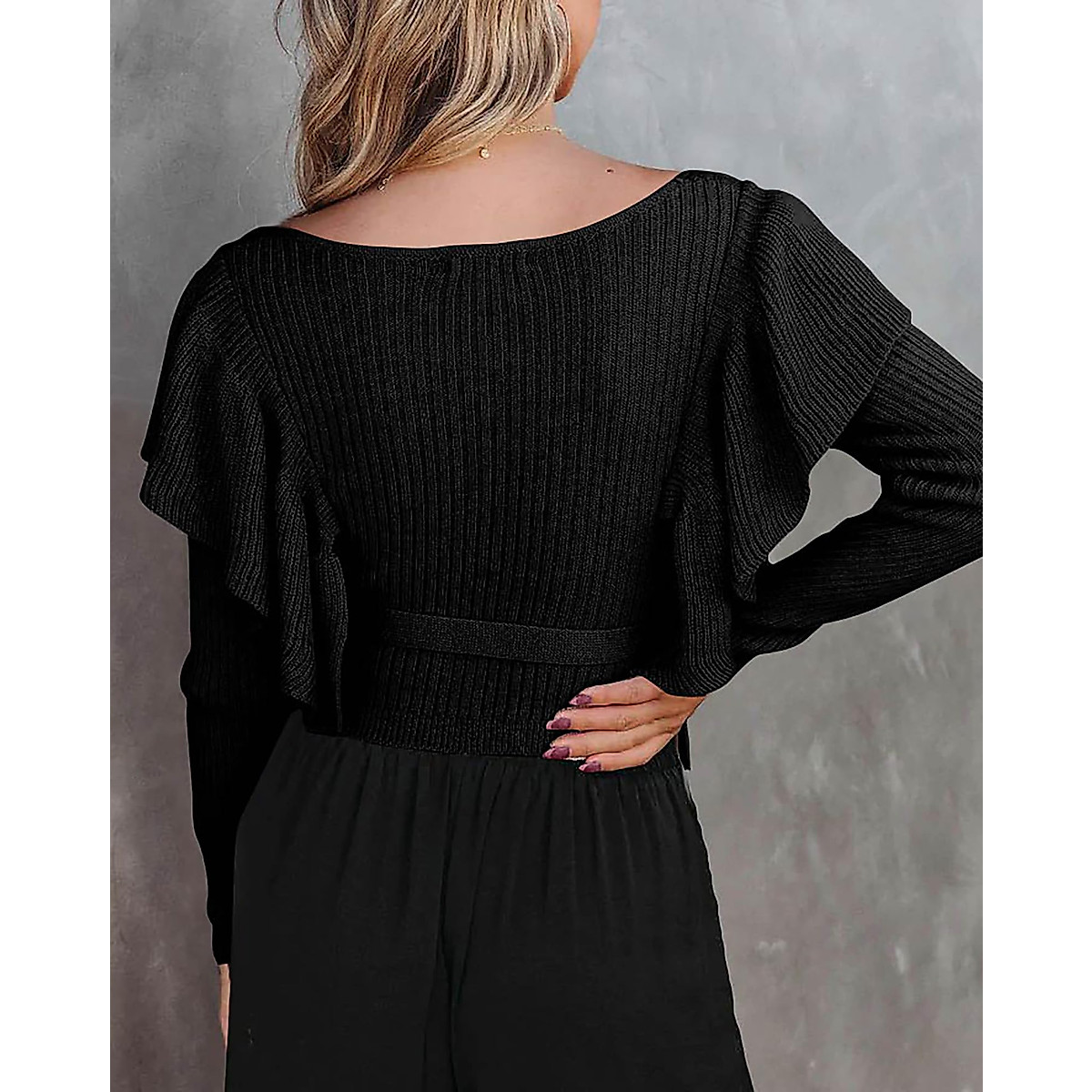 KIRUNDO Women's 2024 Fall Fashion Long Sleeve Cropped Wrap V Neck Sweater Ruffle Tie Waist Slim Fit Ribbed Knit Pullover (Black, Medium)