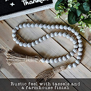 Farmhouse Wood Bead Garland Home Decor, Natural Wooden Garland for Tiered Tray, Decorative Tassel Garland for Tier Tray, Rustic Beads Centerpiece Boho Table Decor, Garland Beaded Accent White Washed