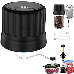 HiFan 3 in 1 Electric Vacuum Sealer, Jar Vacuum Sealer Kit with Wine Stopper for Wide & Regular Mouth Mason Jar/Wine Bottles/Sous Vide Bags/Zipper Bags/Container for FoodSaver (Black)