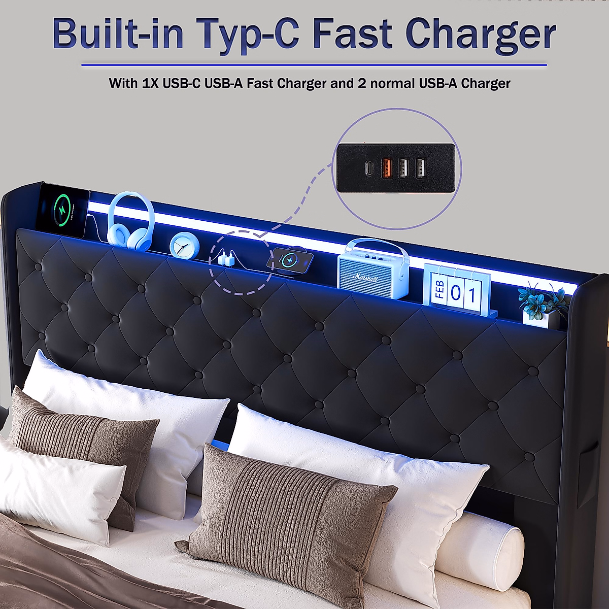 Ailisite Lift Up Storage Bed Queen with Headboard and Storage, Black Upholstered Storage Bed with Wingback Tufted Headboard, Led Queen Size Bed Frame with Charging Station, No Box Spring Needed