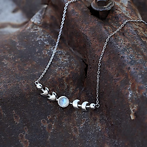 Angol Genuine Moonstone Necklace Sterling Silver Moon Phase Necklace Triple Goddess Moonstone Pendant Minimalist Necklace for Women（Silver）