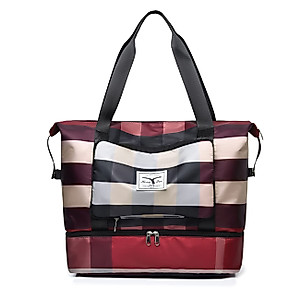 NWLR 2022 New Foldable Dry/Wet Separation Travel Duffel Bag with Shoe Compartment Large Capacity Folding Weekender Overnight Bag Lightweight Waterproof Gym Tote Bag (B-Red)