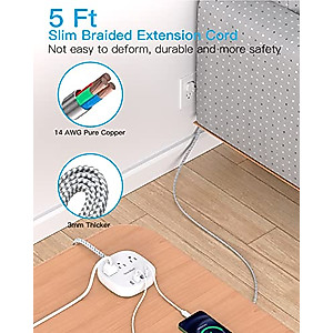 Flat Plug Power Strip, 5ft Ultra Flat Extension Cord - 3 Outlets 4 USB Ports (2 USB C) Desktop Charging Station, Power Strip with No Surge Protection for Cruise Ship, Travel, Dorm Room Essentials