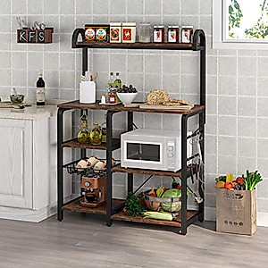 Tribesigns 35.5 inches Kitchen Baker’s Rack Microwave Oven Stand, Industrial Kitchen Cart Utility Storage Shelf Organizer Coffee Bar with Wire Basket and 6 Hooks (Rustic Brown)