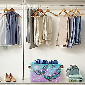 Rectangular Storage Basket Storage Bin - Mermaid Fish Scale Collapsible Storage Box with Leather Handles Shelf Basket Organizer for Home,Office,Nursery,Dorm,Shelf