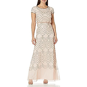 Adrianna Papell Women's Short Sleeve Blouson Beaded Gown, Blush/Gold, 6