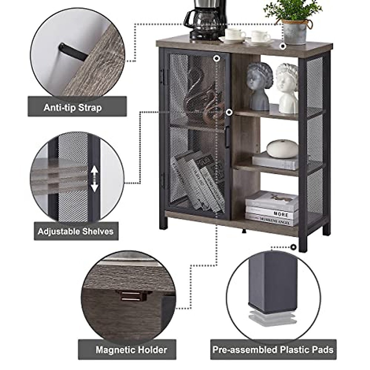 BON AUGURE Farmhouse Coffee Bar Cabinet with Storage, Industrial Liquor Cabinet with Adjustable Shelves, Rustic Small Buffet and Sideboard for Home (French Gray)