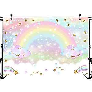 Mocsicka Rainbow Backdrop 7x5ft Pastel Rainbow Birthday Cloud Glitter Stars for Kids' Party Decorations Cake Table Banner Rainbow Baby Shower Photography Background