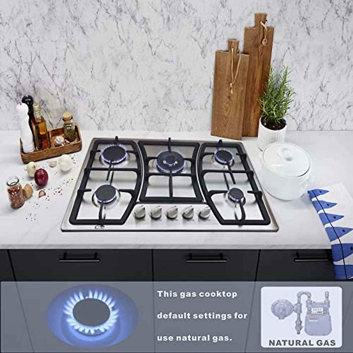 Gas Cooktop 30 Inch 5 Burners Gas Stove Gas Hob Stovetop Stainless Steel Cooktop Cast Iron Grates, Silver (30x 19.7x 4.5 inches)