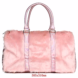 Risup Extra Large Laser Handbag Purse Fancy Duffel Bag 19in Faux Fur Bags for Travel and Overnight, Pink
