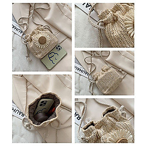 Women Straw Handbag Sunflower Crossbody Bag Mini Drawstring Purse Summer Beach Shoulder Bag Handmade Casual Bucket Tote Bag (khaki)