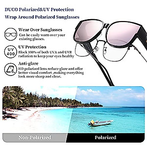 DUCO Fit Over Sunglasses for Men Women Wear Over Glasses Retro Wrap Around Polarized Sun Glasses UV400 Protection (A-Black Frame Revo Pink Lens)