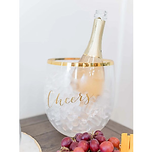 Mary Square Cheers Gold Tone Rim 6.5 x 8 Glass Champagne Ice Bucket