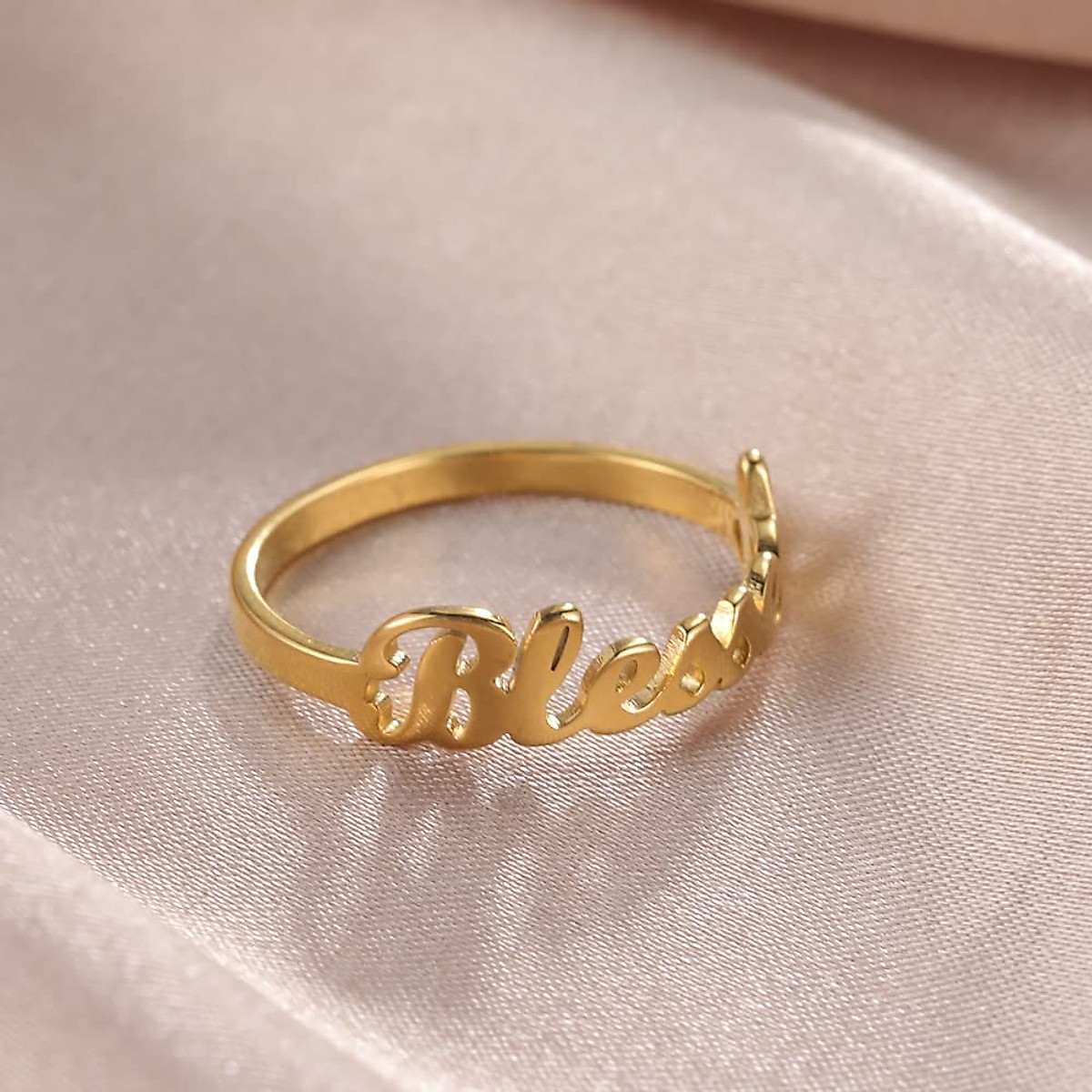 LIKGREAT Faith Strength Engraving Blessed Ring Thin Finger Ring Inspirational Pray Religious Ring for Women (Gold tone, 8)