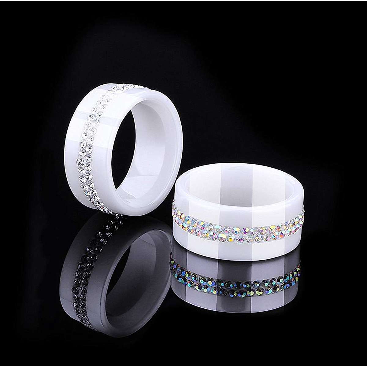PAMTIER 10MM Classic Wide 2 Lines Rows CZ Crystal Ceramic Ring Women Wedding Band Multicolor Zircon White Size 7