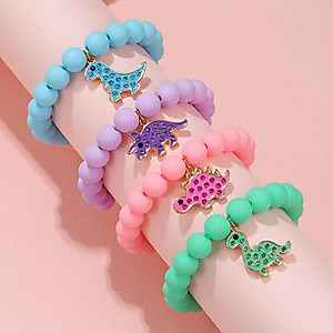 Colorful Enamel Dinosaur Charm Acrylic Beaded Strand Bracelet Set Round Beads for Women Cute Friendship Best Friend Preppy Y2k Party Jewelry-4pcs Dinosaurs