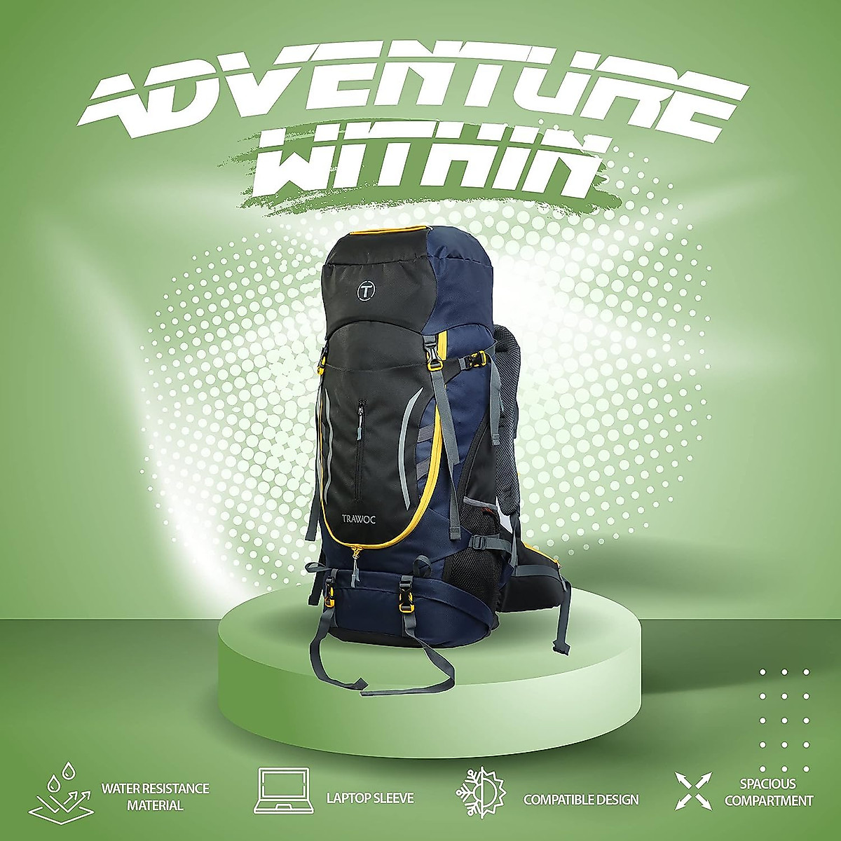 TRAWOC 65 Liter Internal Frame Trekking Hiking Backpack Travel Bag Front & Top Loading Rucksack/Water Proof Rain Cover/Shoe Compartment, HK010