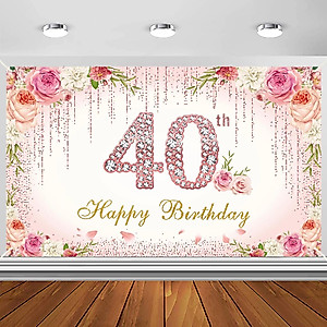 Rose Gold 40th Birthday Banner Backdrop Decorations for Women, Pink Flower 40 Years Old Birthday Background Sign Party Supplies, Happy Forty Bday Party Decor for Outdoor Indoor