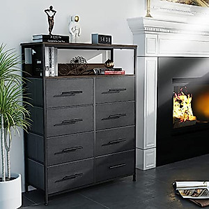 WARM&LOVE 8 Drawer Dresser with 2-Layer Shelf, Chest of Drawers for Bedroom, Closet, Fabric Storage Tower Organizer with Sturdy Metal Frame, Wooden Top, Fabric Dresser for Bedroom