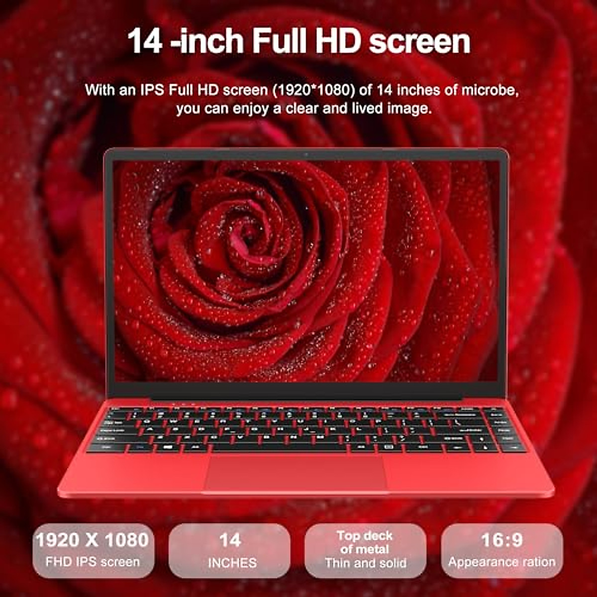 WOZIFAN 14" Laptop 6GB RAM 256GB SSD Traditional Laptops Computer Win 11 Full Metal 2.4G+5G WiFi BT 4.2 1920x1080 FHD with Wireless Mouse for Work Study Entertainment-Red