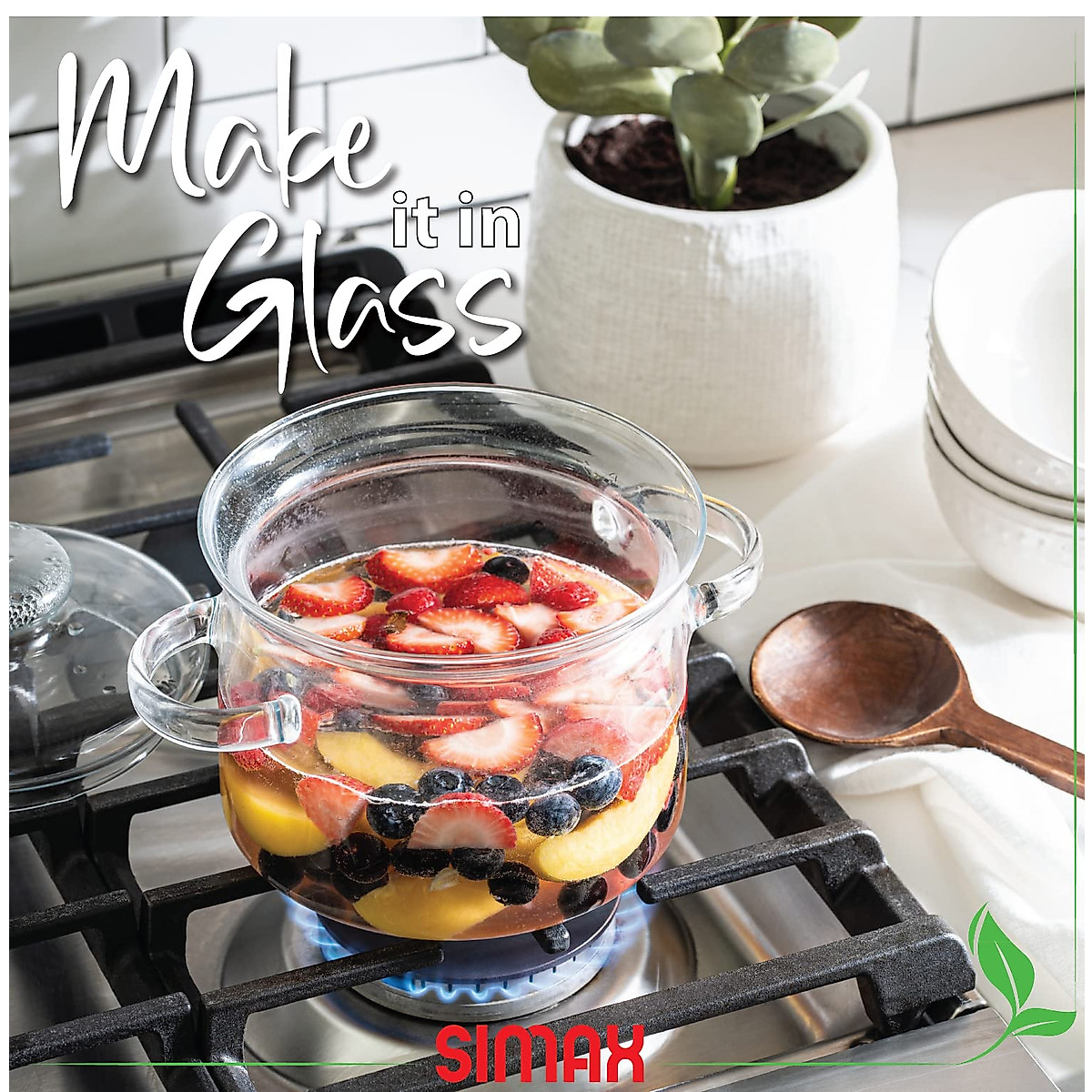 Simax Glass Cookware, 64 Oz (2 Quart) Clear Glass Pot, Glass Saucepan, Potpourri Simmer Pot With Lid, Easy Grip Handles, Made from Oven, Microwave, Stove and Dishwasher Safe Borosilicate Glass