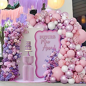 RUBFAC 136pcs Pink Purple Balloon Garland Kit, Butterfly Pink Purple Rose Gold Confetti Latex Balloons for Wedding Bridal Baby Shower Princess Theme Party Decorations
