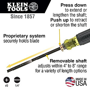 Klein Tools 32751 Screwdriver with Adjustable Length 4 to 8-Inch, #2 Phillips Tip and 1/4-Inch Slotted Tip