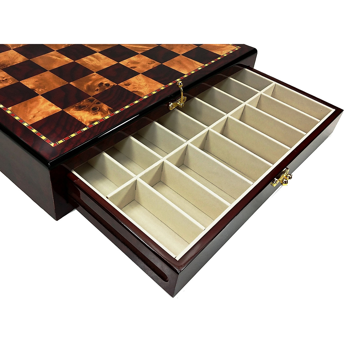 4 Queens - Large 4 3/8" King Staunton Luxury Bud Rosewood Chess Men Set W/ 20" Cherry Color Storage Board