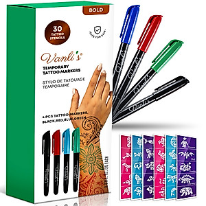 Vanli's Temporary Tattoo Pens - Stocking Stuffers For Teens, Kids, Adults, Trendy Tattoo Kit, Skin Safe & Colored Ink Tattoo Pens for Body & Face Art with 30 Tattoo Stencil Papers, 4 Pens-Bold
