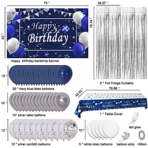 Blue Birthday Decorations for Men, Happy Birthday Decorations for Men Women Boy Party Decoration Backdrop & Tablecloth Balloons Arch Kit Blue Silver Confetti Balloons Foil Fringe Curtains Table Cover