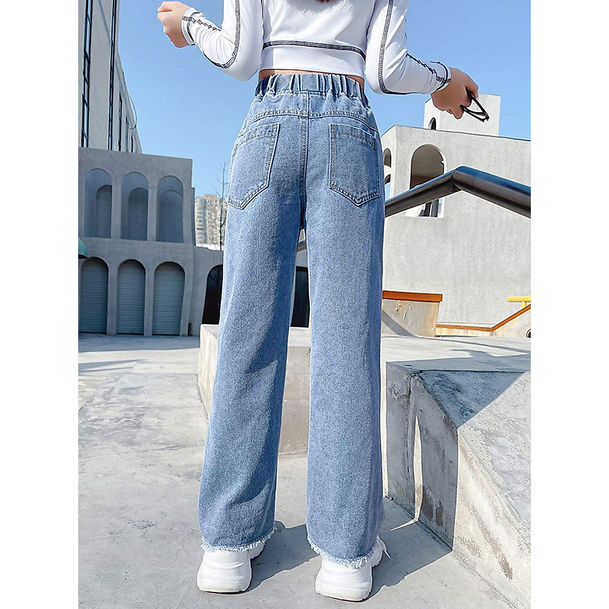 NABER Kids Girls Casual Wide Leg Denim Pants Heart Pattern Elastic Waist Jeans Size 4-14 Years (Blue2, 13-14 Years)