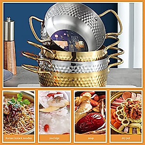 Stainless Steel Noodle Pot for Cooking with Double Handles, Hammered men Pot, Korean Ramen Cooking Pot for Kitchen, Nonstick Ramyun Cooker for Cooking Soup/Curry/Pasta/Stew (Gold)