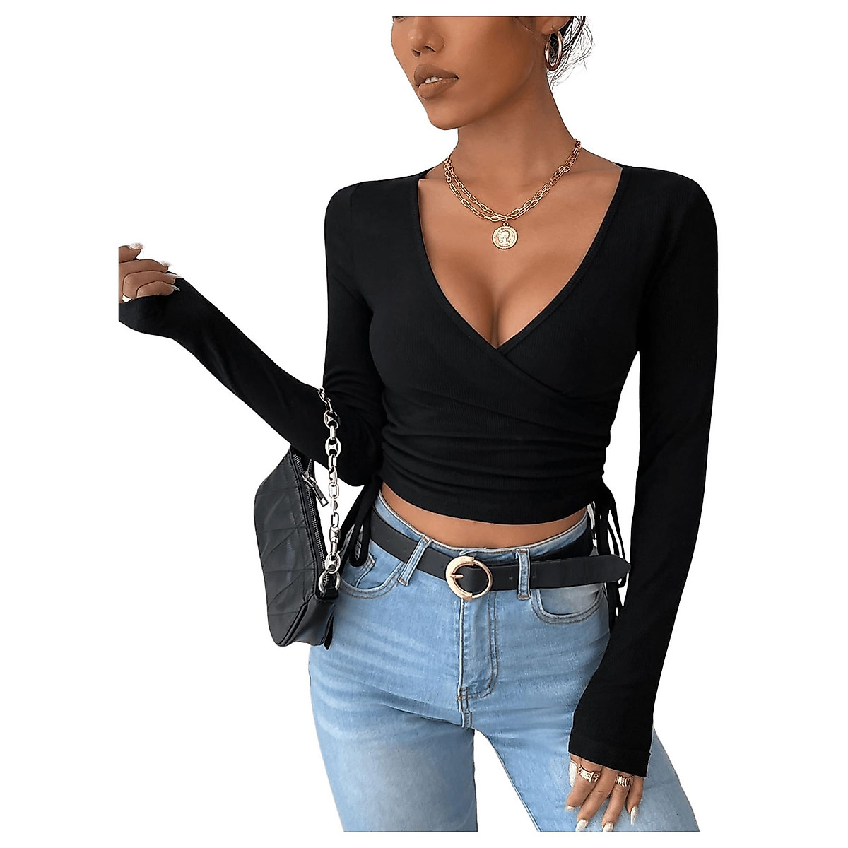 SOLY HUX Long Sleeve Wrap Crop Tops for Women Sexy Ruched V Neck T Shirts Tie Side Fitted Tees Going Out Top Solid Black XS