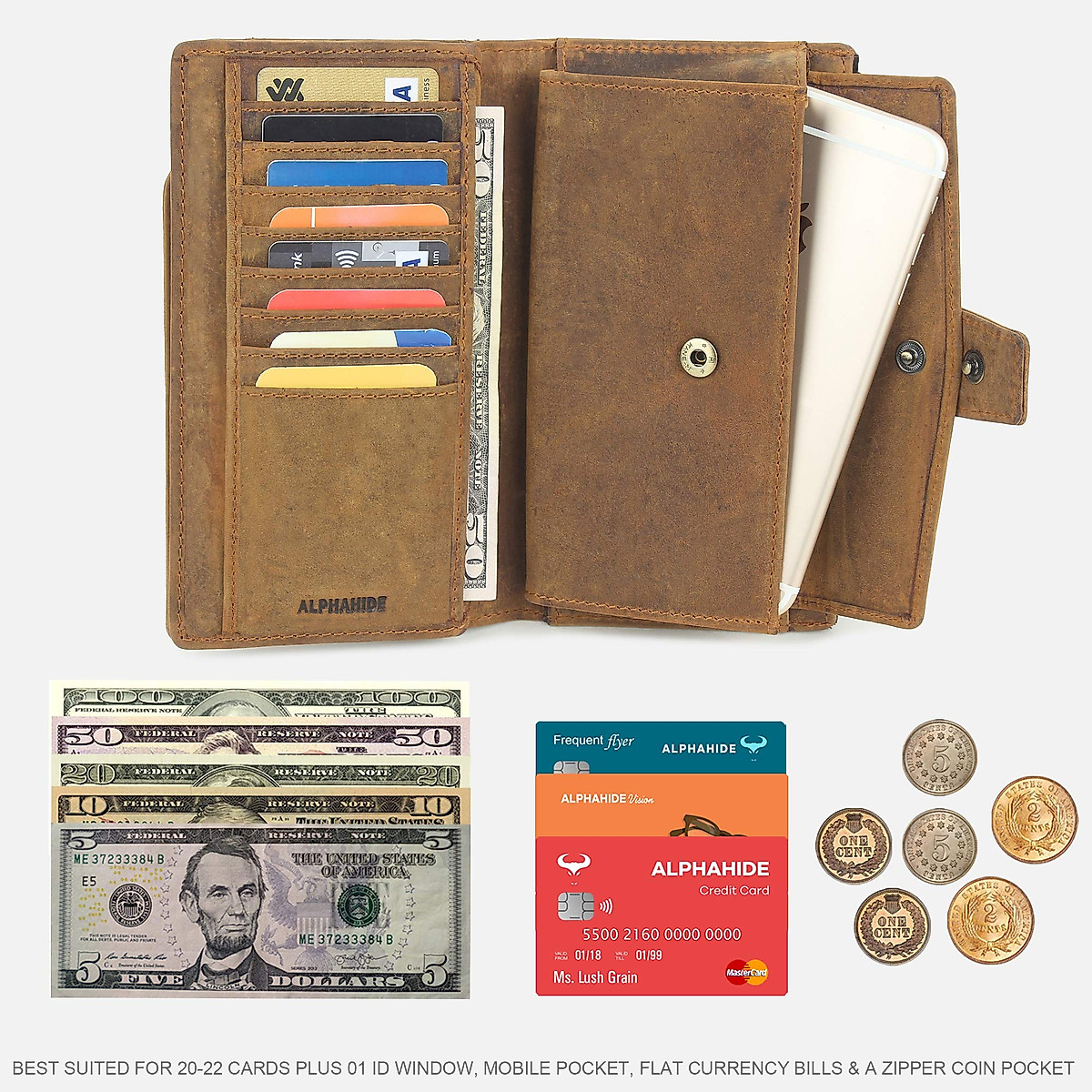 ALPHAHIDE Large Capacity Soft Genuine Leather Clutch for Women - RFID Blocking Ladies Wallet - Ladies Purse with Mobile Pouch - Multi Card Organizer with Coin Pocket - Gift Boxed