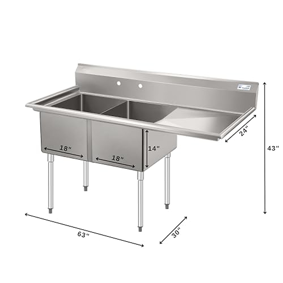 KoolMore 63 in. 18-Gauge 2-Compartment Commercial Sink with Backsplash and 24 in. Right Drainboard, Bowl dimensions 18"x24"x14" in Stainless-Steel (KM-SB182414-24R3)