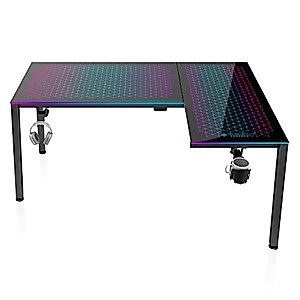 EUREKA ERGONOMIC Music Sensing RGB LED Lights Glass Gaming Desk, 60 Inch L Shaped Reversible Top, Home Office Corner Computer Studio Table Gifts GTG L60 w Cup Headset Socket Holder, Smart APP Control