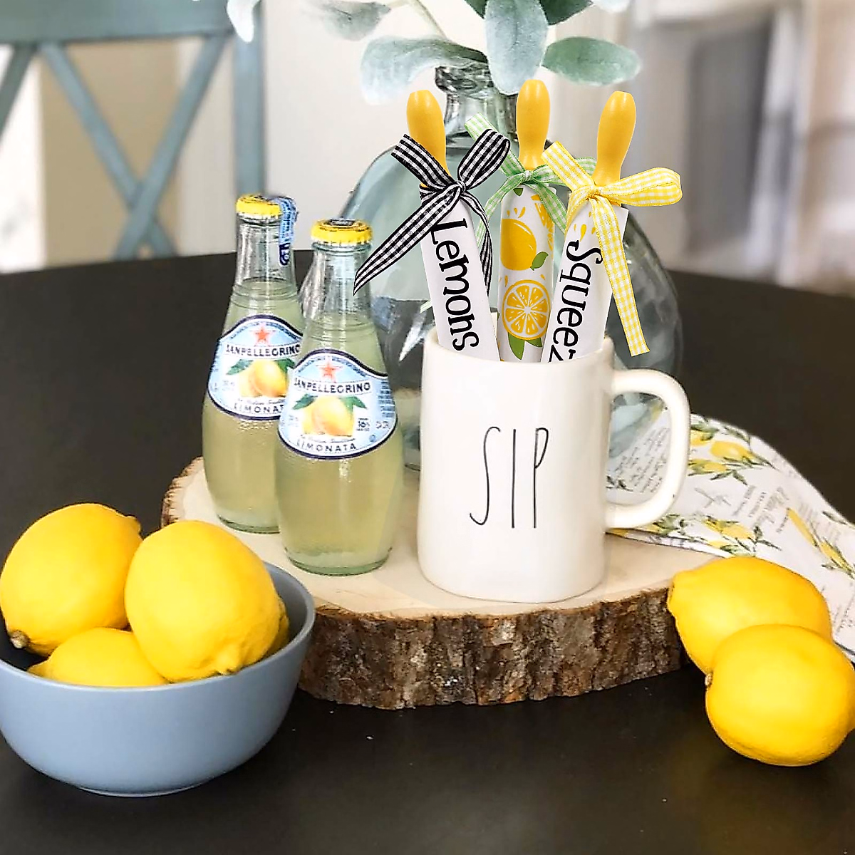 3pcs Lemon Mini Rolling Pins Wood Tiered Tray Decor Sign Rustic Black Yellow Green Buffalo Plaid Squeeze Fresh Lemonade Summer Farmhouse Lemon Kitchen Home Decor for Tray, Shelf, Centerpiece